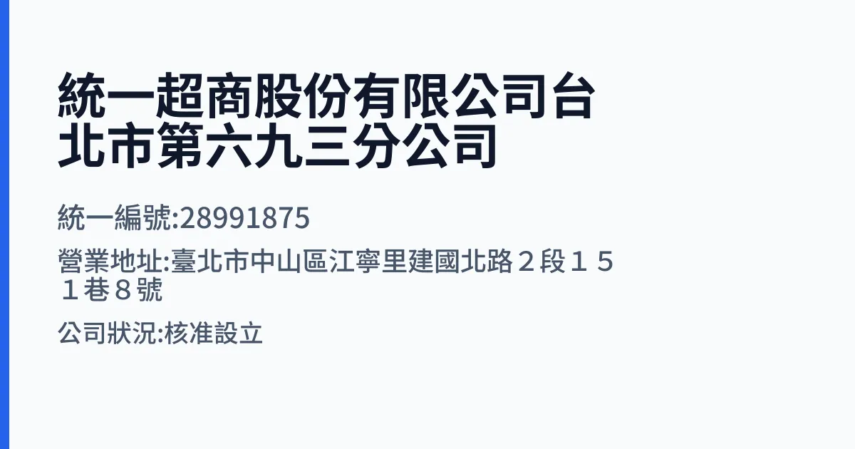 統一超商股份有限公司台北市第六九三分公司 - 統編 28991875(臺北市) 公司登記資料與營業項目詳細圖表