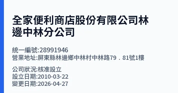全家便利商店股份有限公司林邊中林分公司的照片-統編 28991946(屏東縣) 公司登記資料與營業項目詳細圖表