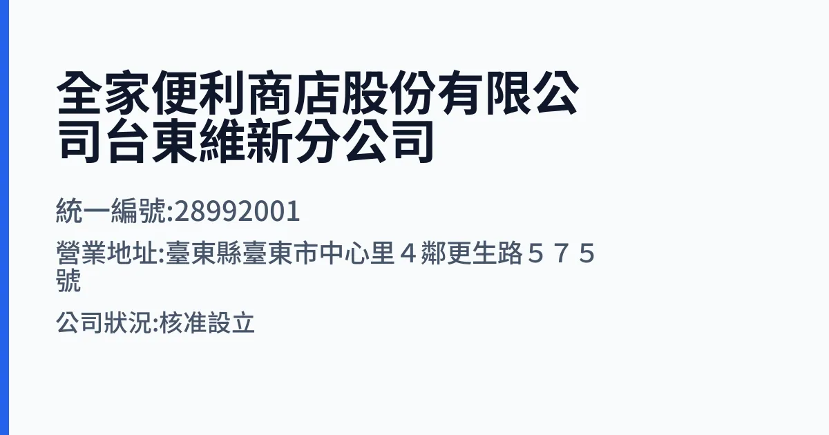 全家便利商店股份有限公司台東維新分公司 - 統編 28992001(臺東縣) 公司登記資料與營業項目詳細圖表