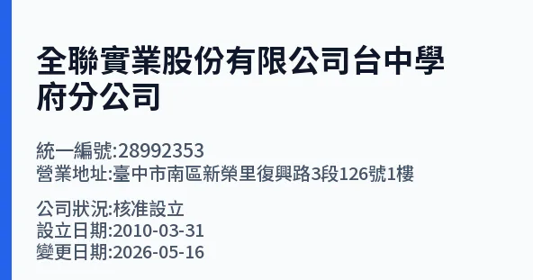 全聯實業股份有限公司台中學府分公司的照片-統編 28992353(臺中市) 公司登記資料與營業項目詳細圖表