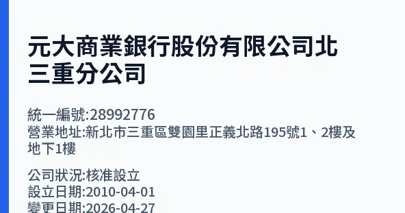 元大商業銀行股份有限公司北三重分公司的照片-統編 28992776(新北市) 公司登記資料與營業項目詳細圖表