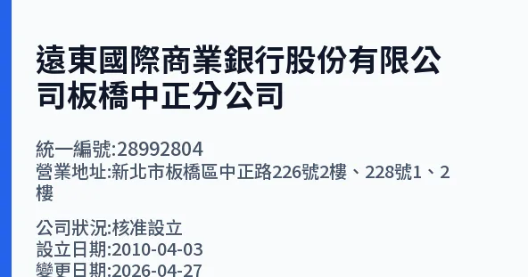 遠東國際商業銀行股份有限公司板橋中正分公司的照片-統編 28992804(新北市) 公司登記資料與營業項目詳細圖表