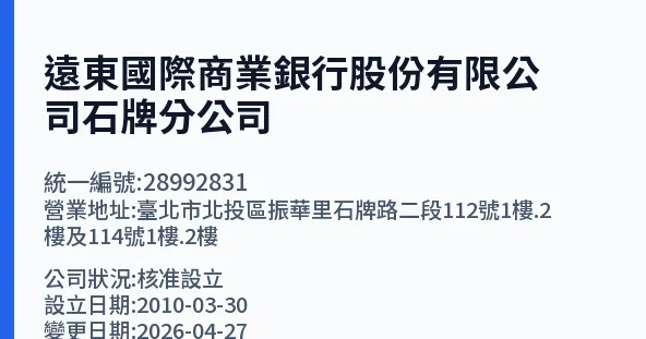 遠東國際商業銀行股份有限公司石牌分公司的照片-統編 28992831(臺北市) 公司登記資料與營業項目詳細圖表