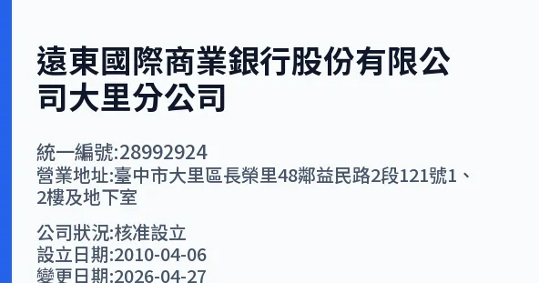 遠東國際商業銀行股份有限公司大里分公司的照片-統編 28992924(臺中市) 公司登記資料與營業項目詳細圖表