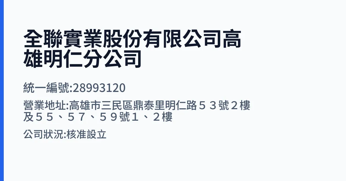 全聯實業股份有限公司高雄明仁分公司 - 統編 28993120(高雄市) 公司登記資料與營業項目詳細圖表