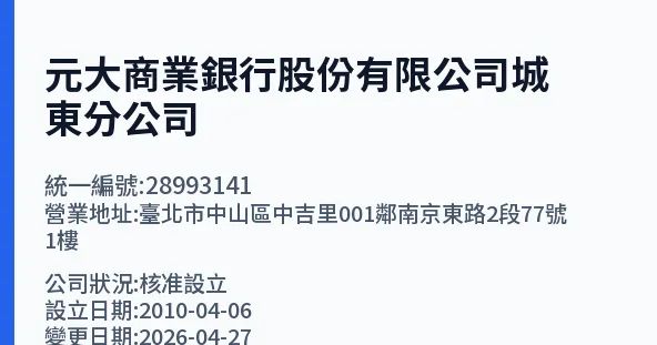 元大商業銀行股份有限公司城東分公司的照片-統編 28993141(臺北市) 公司登記資料與營業項目詳細圖表
