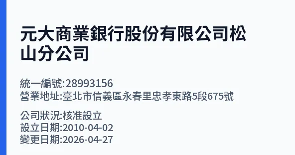 元大商業銀行股份有限公司松山分公司的照片-統編 28993156(臺北市) 公司登記資料與營業項目詳細圖表