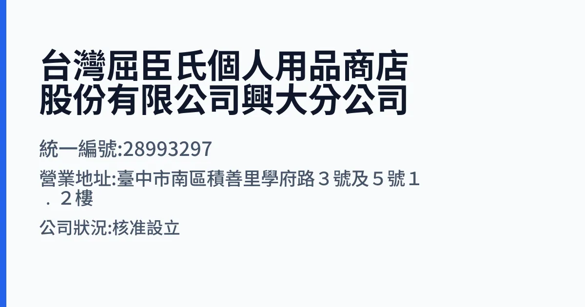 台灣屈臣氏個人用品商店股份有限公司興大分公司 - 統編 28993297(臺中市) 公司登記資料與營業項目詳細圖表