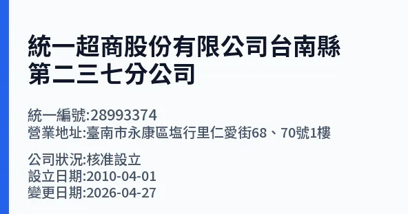 統一超商股份有限公司台南縣第二三七分公司的照片-統編 28993374(臺南市) 公司登記資料與營業項目詳細圖表