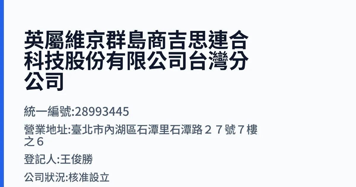 英屬維京群島商吉思連合科技股份有限公司台灣分公司 - 統編 28993445(臺北市) 公司登記資料與營業項目詳細圖表