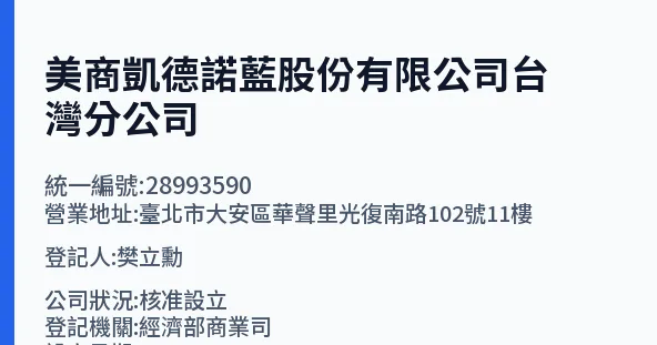 美商凱德諾藍股份有限公司台灣分公司的照片-統編 28993590(臺北市) 公司登記資料與營業項目詳細圖表