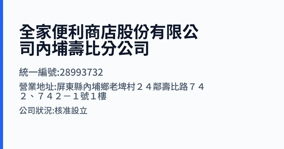 全家便利商店股份有限公司內埔壽比分公司 - 統編 28993732(屏東縣) 公司登記資料與營業項目詳細圖表