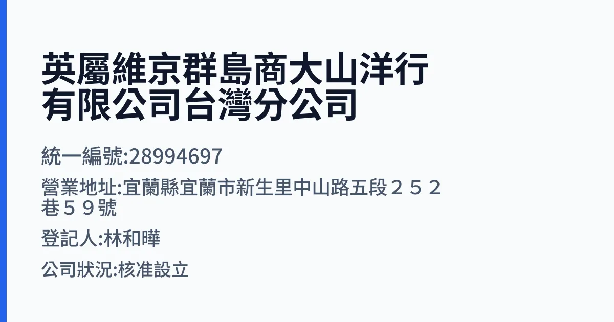 英屬維京群島商大山洋行有限公司台灣分公司 - 統編 28994697(宜蘭縣) 公司登記資料與營業項目詳細圖表
