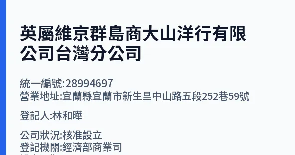 英屬維京群島商大山洋行有限公司台灣分公司的照片-統編 28994697(宜蘭縣) 公司登記資料與營業項目詳細圖表