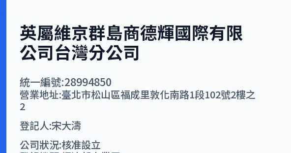 英屬維京群島商德輝國際有限公司台灣分公司的照片-統編 28994850(臺北市) 公司登記資料與營業項目詳細圖表