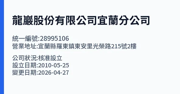 龍巖股份有限公司宜蘭分公司的照片-統編 28995106(宜蘭縣) 公司登記資料與營業項目詳細圖表