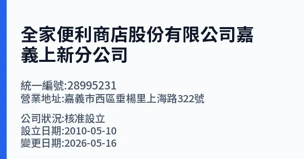 全家便利商店股份有限公司嘉義上新分公司的照片-統編 28995231(嘉義市) 公司登記資料與營業項目詳細圖表