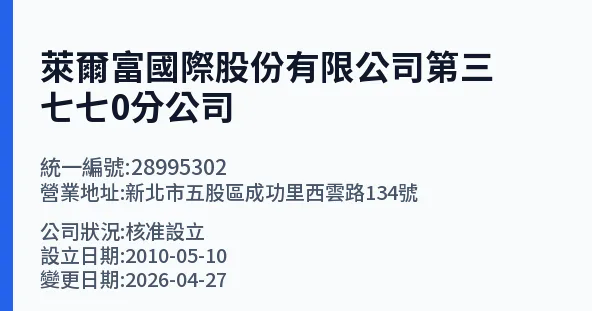 萊爾富國際股份有限公司第三七七0分公司的照片-統編 28995302(新北市) 公司登記資料與營業項目詳細圖表