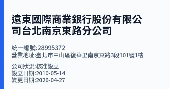 遠東國際商業銀行股份有限公司台北南京東路分公司的照片-統編 28995372(臺北市) 公司登記資料與營業項目詳細圖表