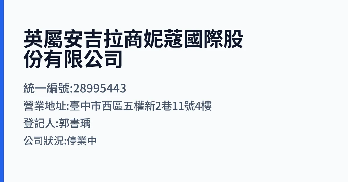 英屬安吉拉商妮蔻國際股份有限公司 - 統編 28995443(臺中市) 公司登記資料與營業項目詳細圖表