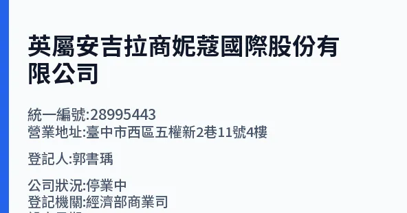 英屬安吉拉商妮蔻國際股份有限公司的照片-統編 28995443(臺中市) 公司登記資料與營業項目詳細圖表