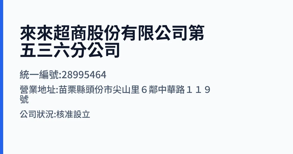 來來超商股份有限公司第五三六分公司 - 統編 28995464(苗栗縣) 公司登記資料與營業項目詳細圖表