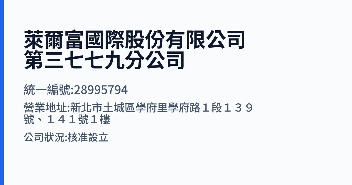 萊爾富國際股份有限公司第三七七九分公司 - 統編 28995794(新北市) 公司登記資料與營業項目詳細圖表