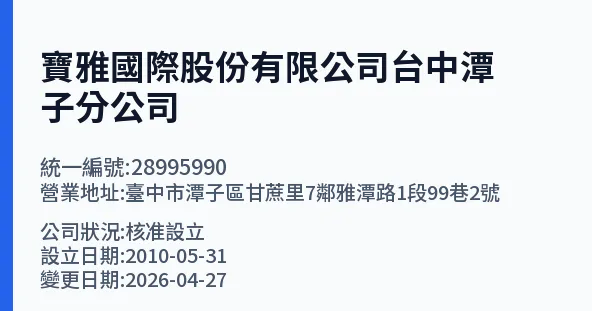 寶雅國際股份有限公司台中潭子分公司的照片-統編 28995990(臺中市) 公司登記資料與營業項目詳細圖表