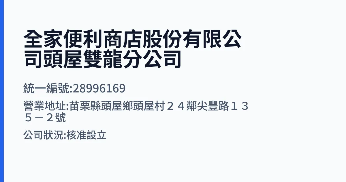 全家便利商店股份有限公司頭屋雙龍分公司 - 統編 28996169(苗栗縣) 公司登記資料與營業項目詳細圖表