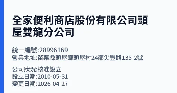 全家便利商店股份有限公司頭屋雙龍分公司的照片-統編 28996169(苗栗縣) 公司登記資料與營業項目詳細圖表