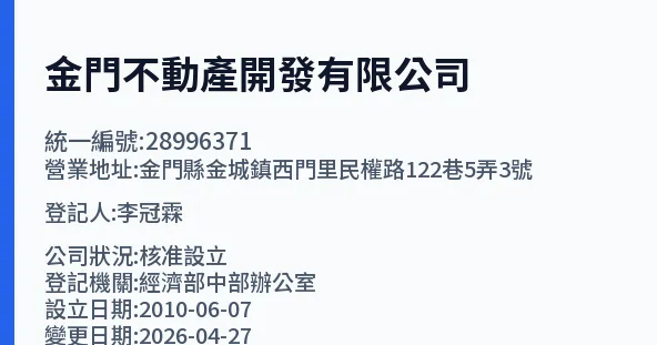 金門不動產開發有限公司的照片-統編 28996371(金門縣) 公司登記資料與營業項目詳細圖表