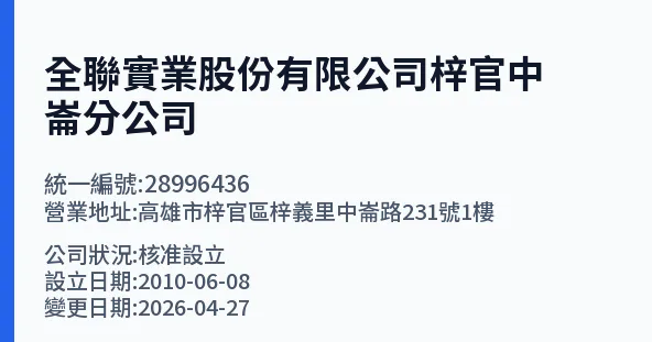 全聯實業股份有限公司梓官中崙分公司的照片-統編 28996436(高雄市) 公司登記資料與營業項目詳細圖表