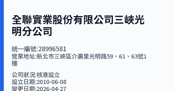 全聯實業股份有限公司三峽光明分公司的照片-統編 28996581(新北市) 公司登記資料與營業項目詳細圖表