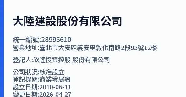 大陸建設股份有限公司的照片-統編 28996610(臺北市) 公司登記資料與營業項目詳細圖表