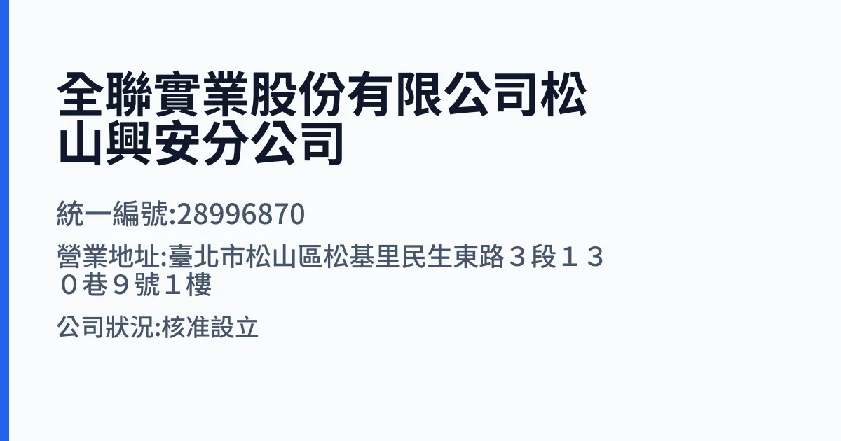 全聯實業股份有限公司松山興安分公司 - 統編 28996870(臺北市) 公司登記資料與營業項目詳細圖表