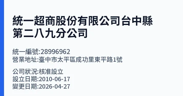 統一超商股份有限公司台中縣第二八九分公司的照片-統編 28996962(臺中市) 公司登記資料與營業項目詳細圖表