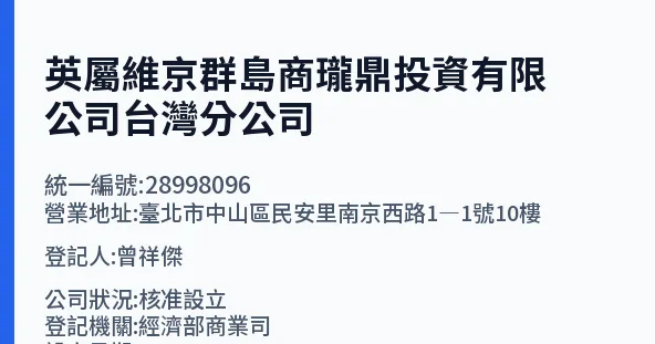 英屬維京群島商瓏鼎投資有限公司台灣分公司的照片-統編 28998096(臺北市) 公司登記資料與營業項目詳細圖表