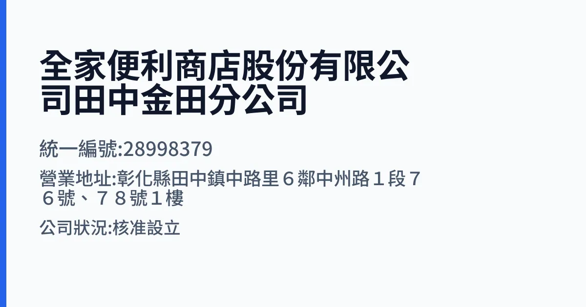 全家便利商店股份有限公司田中金田分公司 - 統編 28998379(彰化縣) 公司登記資料與營業項目詳細圖表