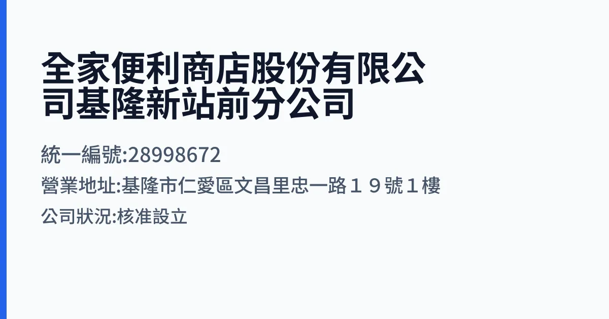 全家便利商店股份有限公司基隆新站前分公司 - 統編 28998672(基隆市) 公司登記資料與營業項目詳細圖表