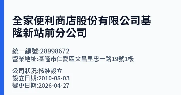 全家便利商店股份有限公司基隆新站前分公司的照片-統編 28998672(基隆市) 公司登記資料與營業項目詳細圖表