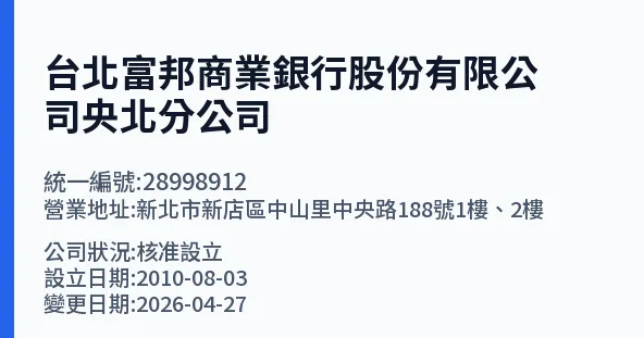 台北富邦商業銀行股份有限公司央北分公司的照片-統編 28998912(新北市) 公司登記資料與營業項目詳細圖表