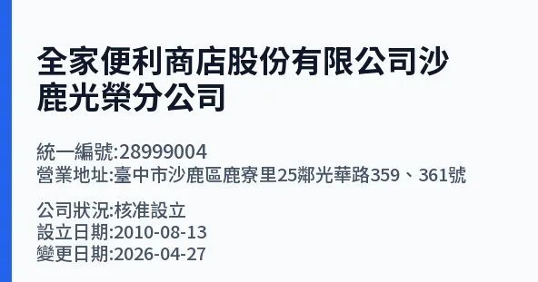 全家便利商店股份有限公司沙鹿光榮分公司的照片-統編 28999004(臺中市) 公司登記資料與營業項目詳細圖表