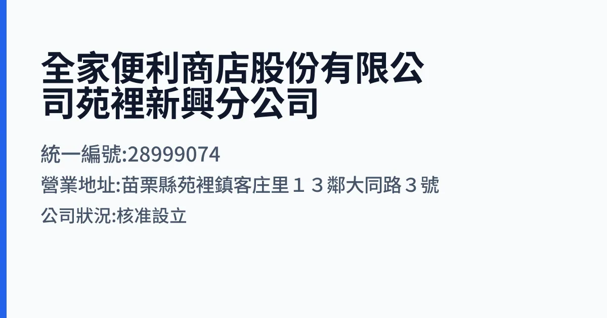 全家便利商店股份有限公司苑裡新興分公司 - 統編 28999074(苗栗縣) 公司登記資料與營業項目詳細圖表