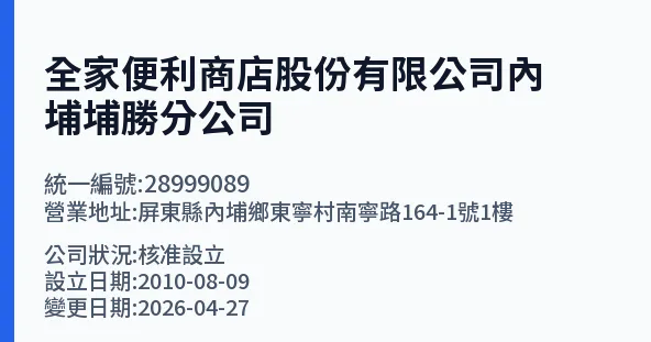 全家便利商店股份有限公司內埔埔勝分公司的照片-統編 28999089(屏東縣) 公司登記資料與營業項目詳細圖表