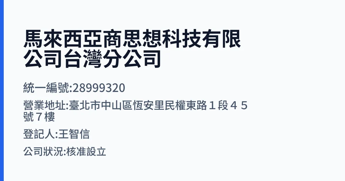 馬來西亞商思想科技有限公司台灣分公司 - 統編 28999320(臺北市) 公司登記資料與營業項目詳細圖表