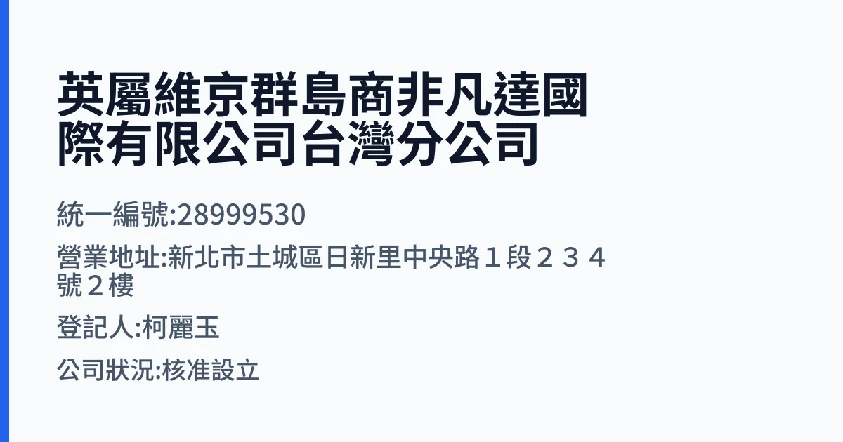 英屬維京群島商非凡達國際有限公司台灣分公司 - 統編 28999530(新北市) 公司登記資料與營業項目詳細圖表