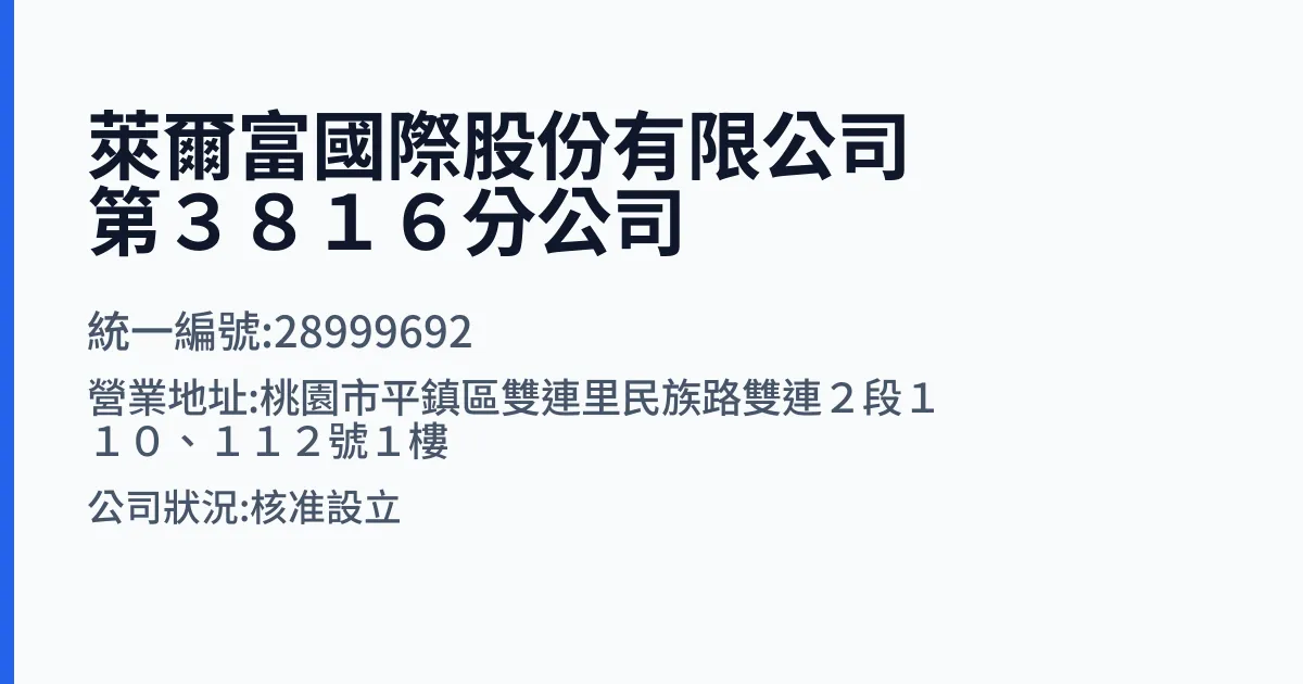 萊爾富國際股份有限公司第３８１６分公司 - 統編 28999692(桃園市) 公司登記資料與營業項目詳細圖表