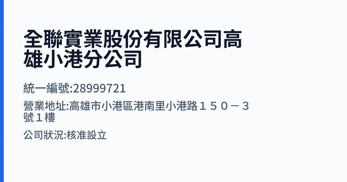 全聯實業股份有限公司高雄小港分公司 - 統編 28999721(高雄市) 公司登記資料與營業項目詳細圖表
