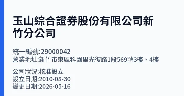 玉山綜合證券股份有限公司新竹分公司的照片-統編 29000042(新竹市) 公司登記資料與營業項目詳細圖表