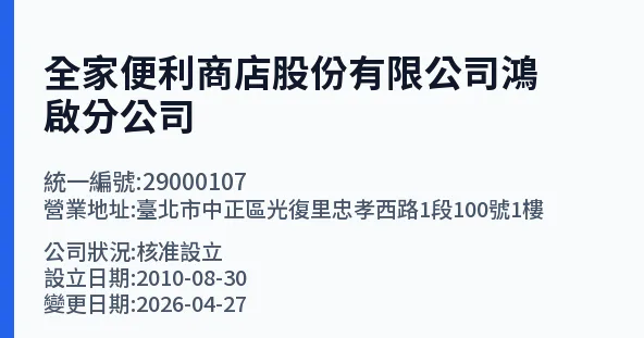 全家便利商店股份有限公司鴻啟分公司的照片-統編 29000107(臺北市) 公司登記資料與營業項目詳細圖表